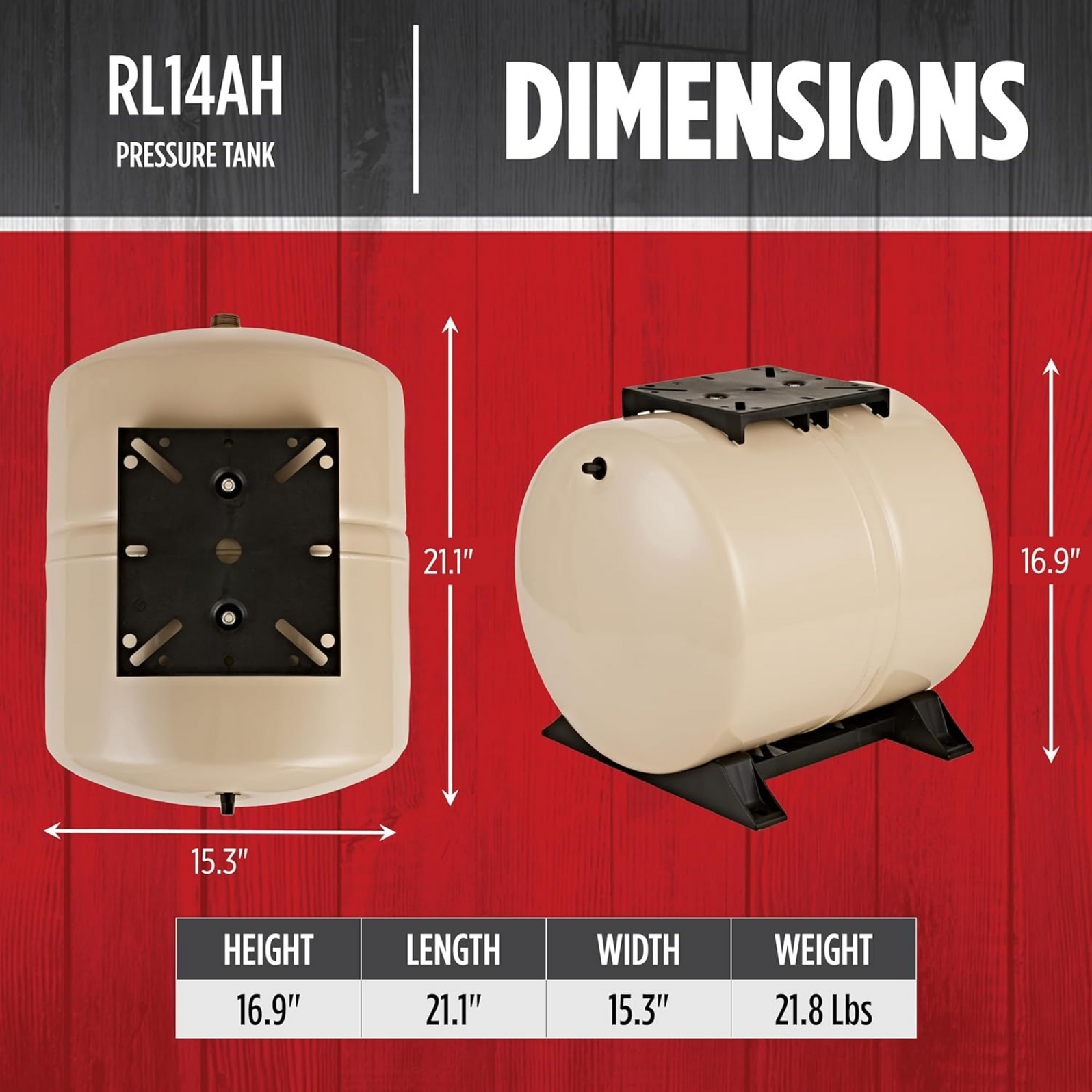 home 14 gallon horizontal pre charged pressure tank red lion
